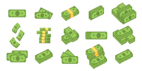 Pixel Art Cash Banknotes Pixelated Money Dollar Bills Stacks And