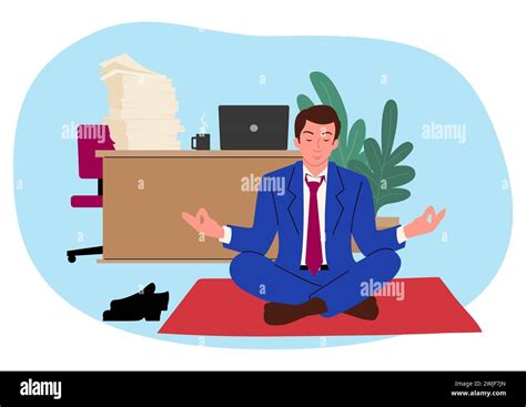 Clip Art Of A Businessman Doing Yoga In His Office Vector Illustration