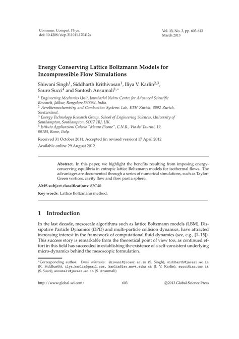 Pdf Energy Conserving Lattice Boltzmann Models For Incompressible Flow Simulations