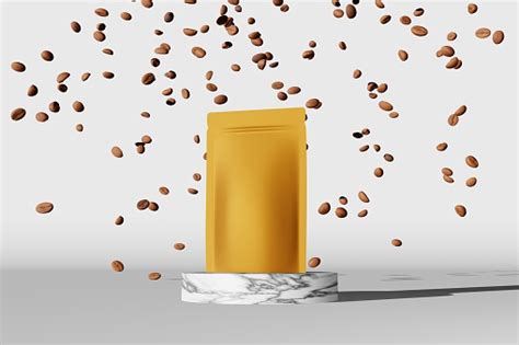 골든 파우치 가방 모형 떨어지는 커피 원두 대리석 연단 흰색 배경 3d 렌더링 상품 광고 포장 가방에 대한 스톡 사진 및 기타