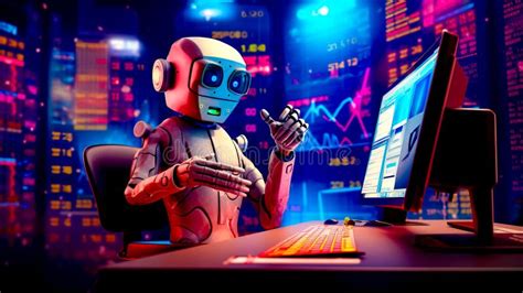 Robot Sitting At Desk In Front Of Computer Monitor And Keyboard