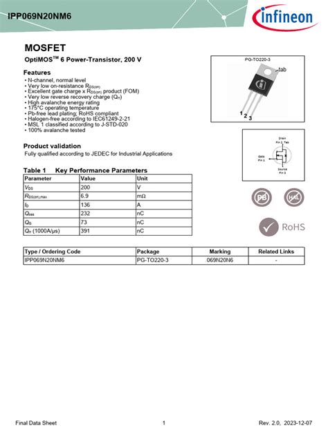 Infineon Ipp069n20nm6 Datasheet V02 00 En 3398053 Download Free Pdf Diode Electromagnetism