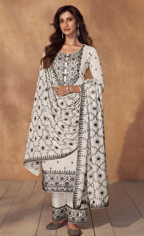 Silk Designer Heavy Embroidered Readymade Kurta Plazo Set Creamy White