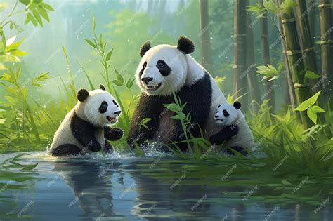 Premium Photo Three Pandas Are In The Water With One Of Them Holding
