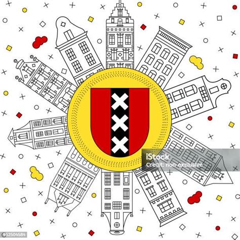 도시 엠 블 럼원형 레이블 주위 플랫 라인 암스테르담 도시 스카이 라인 3 붉은 방패 십자가 벡터 일러스트 레이 션 채널의 네덜란드 광고 그래픽 및 웹 디자인에 대 한 주택