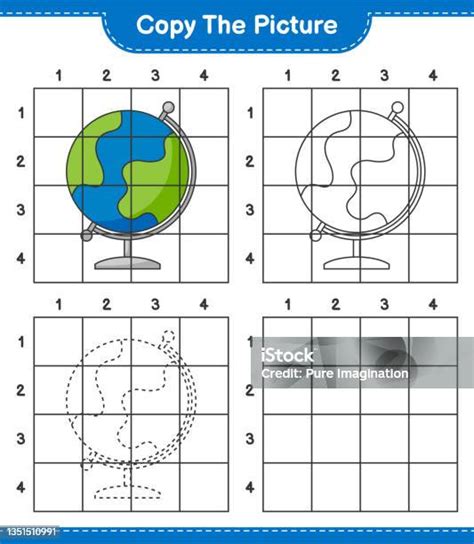 그림을 복사하여 그리드 라인을 사용하여 Globe 의 사진을 복사합니다 교육 어린이 게임 인쇄 워크 시트 벡터 일러스트레이션 0명에 대한 스톡 벡터 아트 및 기타 이미지