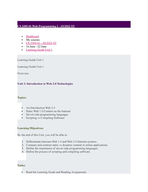 Learning Guide Unit 1 Cs 3305 Cs 3305 01 Web Programming 2 Ay2022 T Dashboard My Courses
