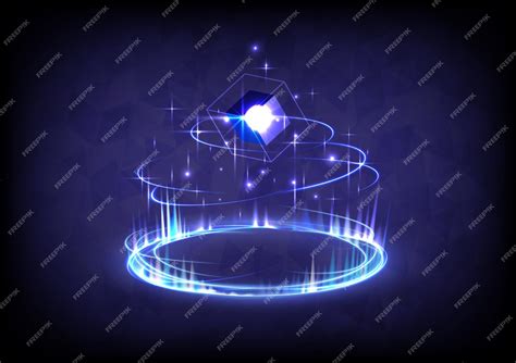 Gui 및 Ui 가상 현실을 보여주는 오라 무대 빛나는 Hud 프로젝터의 홀로그램 과학 미래형 공상 과학 디지털 하이테크 무대 게임 판타지의 매직 게이트 서클 텔레포트 연단