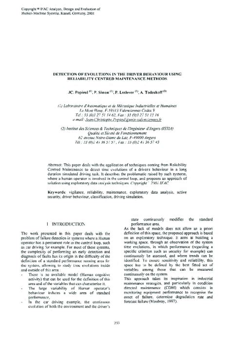 Pdf Detection Of Evolutions In The Driver Behaviour Using Reliability Centred Maintenance Methods