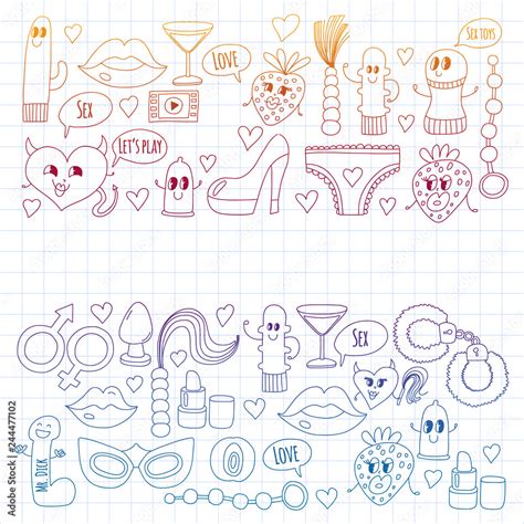 Funny Icons For Sex Shop Cute Cartoon Characters Dildo Strawberry Condom Heart Love And