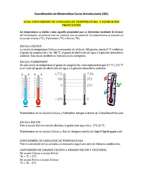 Guía De Conversión De Unidades De Temperatura Y Ejercicios Propuestos