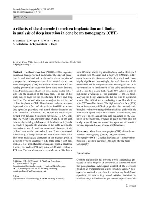 Pdf Artifacts Of The Electrode In Cochlea Implantation And Limits In Analysis Of Deep