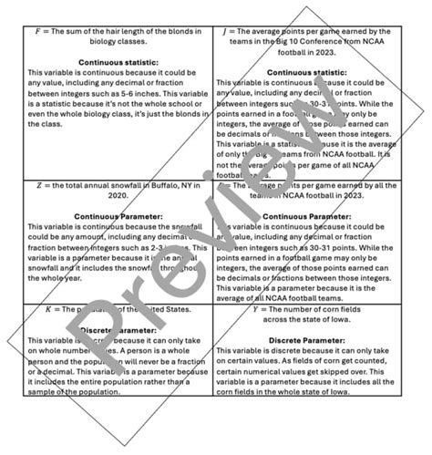 Discrete Vs Continuous And Statistic Vs Parameters Card Sort Tpt