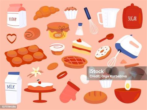 베이커리 제품 다른 달콤한 페이스트리 종류와 요리 식기 및 액세서리 식품 재료 믹서 및 거품기 신선한 계란 버터 우유 수제 제과 벡터 세트 오븐에 굽기에 대한 스톡 벡터