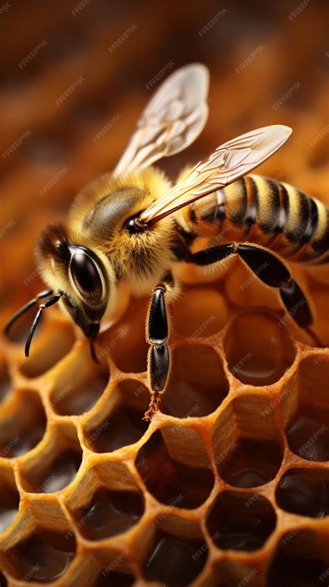 Premium Ai Image Bee On Honeycomb Background With Copy Space