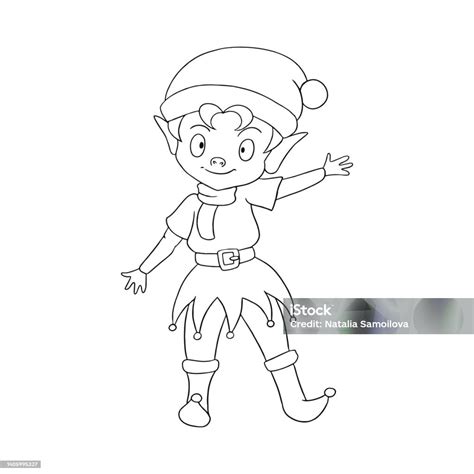흑백 사진 귀여운 작은 엘프 산타의 도우미 흔들기 인사말 벡터 컬러링 북 페이지 일러스트레이션 기법에 대한 스톡 벡터 아트 및 기타 이미지 컬러링 북 페이지