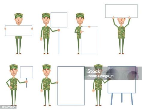 다른 빈 배너 포즈 군사 남자의 집합입니다 쾌활 한 군인 종이를 들고 플 래 카드 포스터 화이트 보드를 가리키는 광고 홍보 교육