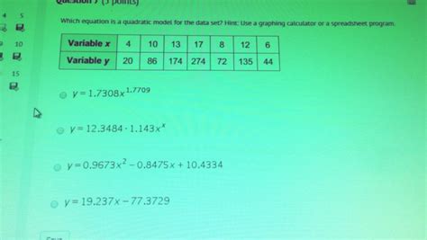Solved Which Equation Is A Quadratic Model For The Data Set