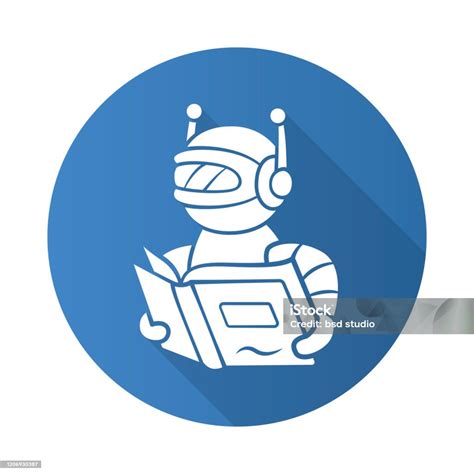 텍스트 읽기 봇 플랫 디자인 긴 그림자 문말 아이콘입니다 화면 리더 응용 프로그램 번역 알고리즘 가상 도우미 책과 로봇 소프트웨어 응용 프로그램 음성 신디사이저 벡터 실루엣