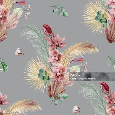 회색 배경에 보호 스타일의 난초 꽃과 야자수 잎이있는 이음새없는 패턴 고풍스런에 대한 스톡 벡터 아트 및 기타 이미지 고풍스런 기와 꽃 나무 Istock