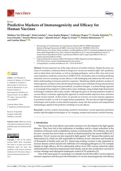 Pdf Predictive Markers Of Immunogenicity And Efficacy For Human Vaccines