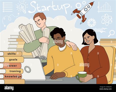 Business Startup Concept Flat Diverse People Work Together With Laptop
