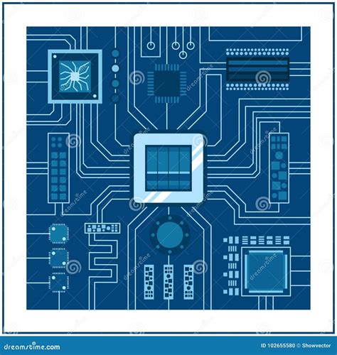 Computer Ic Chip Template Microchip On Detailed Printed Circuit Board Stock Vector