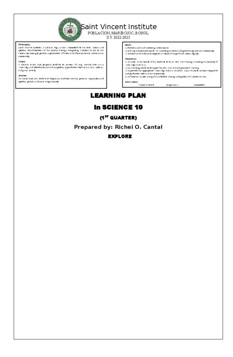 Learning Plan Science 7 Matatag Week 1 Quarter 1 Saint Vincent Institute Poblacion Maribojoc