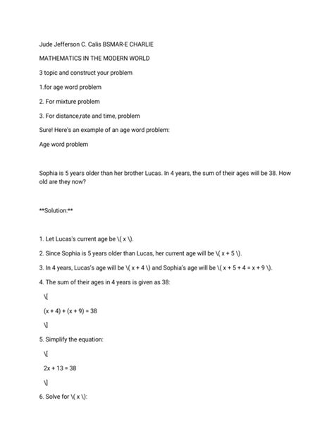 Solving Age Word Problem Mixture Problem Distance Rate And Time
