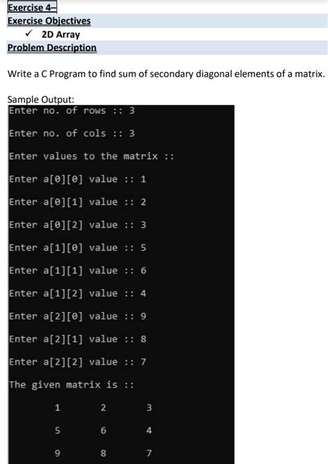 Solved Write A C Program To Find Sum Of Secondary Diagonal Chegg Com
