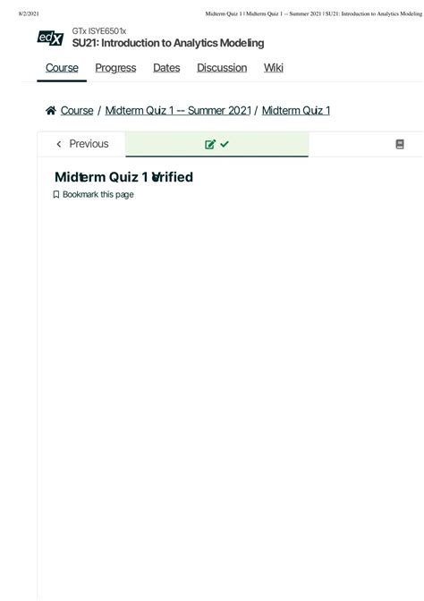 Midterm Quiz 1 Summer 2021 Su21 Introduction To Analytics Modeling 100 Out Of 100 Points Exam