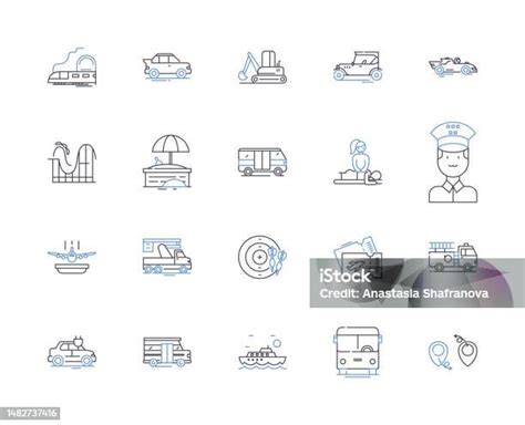 교통 및 여행 개요 아이콘 모음입니다 교통 여행 여행 버스 택시 자동차 철도 벡터 및 일러스트레이션 개념 집합입니다 비행 항공사 크루즈 선형 표지판 개인 운전사에 대한 스톡