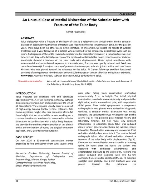 Pdf An Unusual Case Of Medial Dislocation Of The Subtalar Joint With Fracture Of The Talar Body