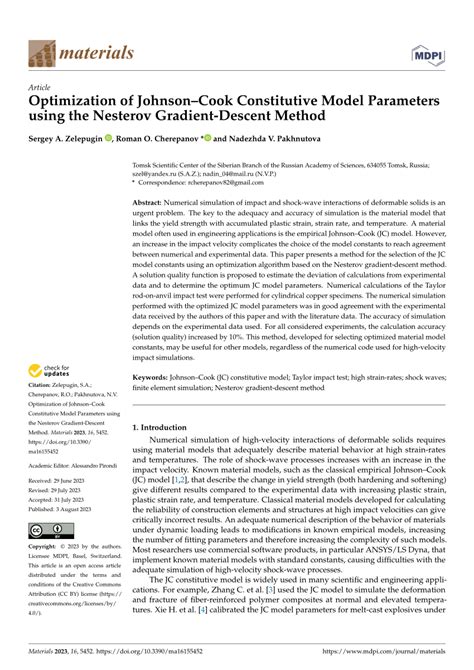 Pdf Optimization Of Johnson Cook Constitutive Model Parameters Using The Nesterov Gradient