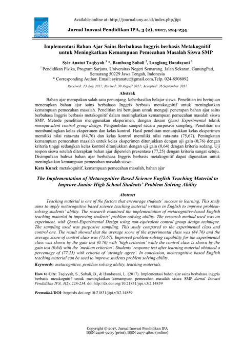 Pdf Implementasi Bahan Ajar Sains Berbahasa Inggris Berbasis Metakognitif Untuk Meningkatkan