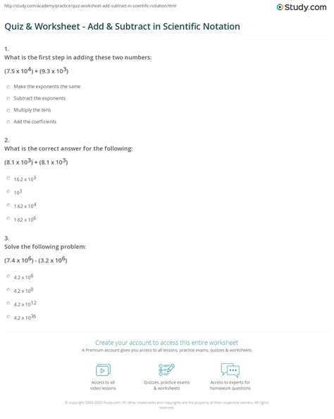 Quiz Worksheet Add Subtract In Scientific Notation Study