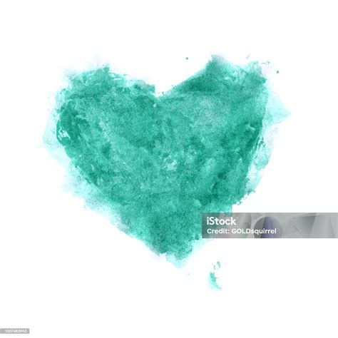 하나의 큰 녹색 수채화 심장 손으로 그린 지저분한 고르지 불규칙한 비정형 심장 모양흰색 종이 배경의 중간에 벡터 그림 세부 사항의 전체 카드 디자인 수채화에 대한 스톡 벡터