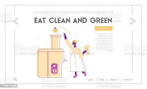 웰빙 웹 사이트 방문 페이지에 대한 해독 프로그램 스무디를 만드는 여자는 주서기 기계에 사과와 브로콜리를 넣어 건강 한 라이프