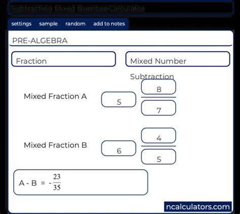Subtracting Mixed Number Calculator