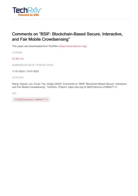 Pdf Comments On Bsif Blockchain Based Secure Interactive And Fair Mobile Crowdsensing”