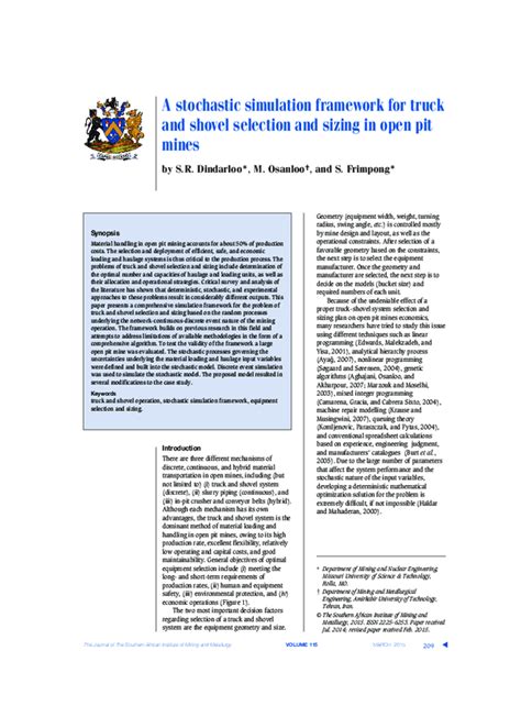 Pdf A Stochastic Simulation Framework For Truck And Shovel Selection And Sizing In Open Pit Mines