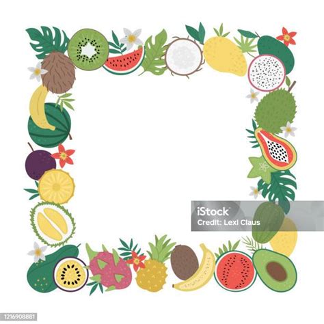 슬라이스와 반쪽 열대 과일과 열매벡터 사각형 프레임 정글 단풍 배너 디자인입니다 이국적인 식물귀여운 재미있는 카드 템플릿 0명에 대한 스톡 벡터 아트 및 기타 이미지