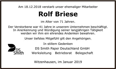 Traueranzeigen Von Rolf Briese Trauerhnade