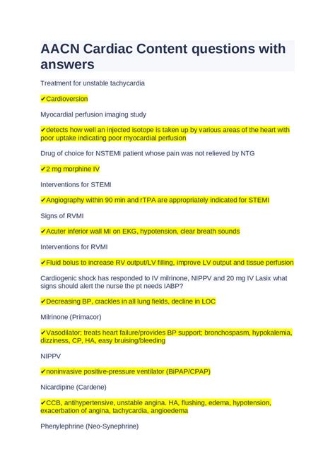 Aacn Cardiac Content Questions With Answers Exams Nursing Docsity
