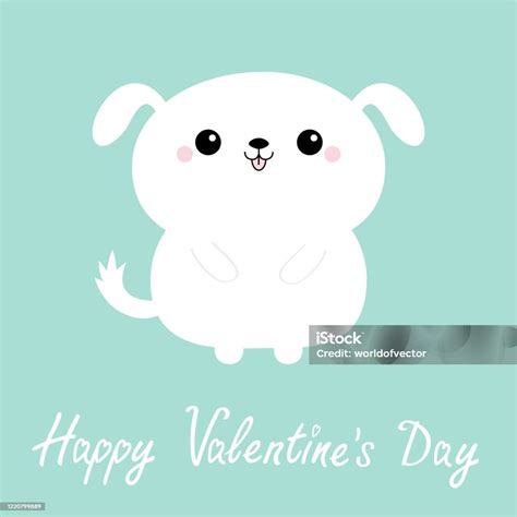 해피 발렌타인 데이 흰색 개 강아지 아이콘입니다 귀여운 재미 머리 얼굴입니다 가와이이 만화 캐릭터 분홍색 뺨 아기 인사말 카드 템플릿입니다 파란색 배경입니다 플랫 디자인