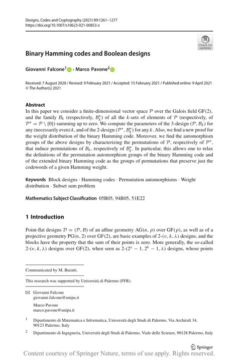 Pdf Binary Hamming Codes And Boolean Designs