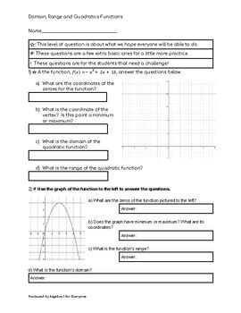 Domain Range And Quadratic Functions Differentiated Worksheet