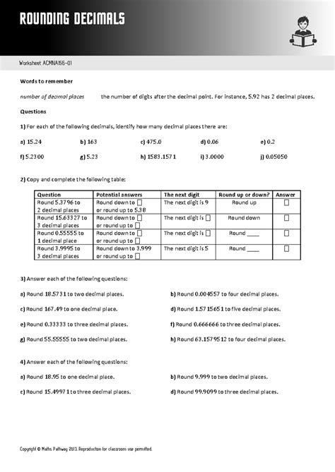 Rounding Decimals Math Questions Copyright © Maths Pathway 2013