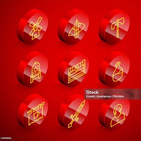 세트 라인 풍차 화살과 전투 석궁 중세 도끼 왕좌 골동품 보물 상자 오래 된 와인 병 거리 간판 바 및 검 아이콘 벡터 3차원