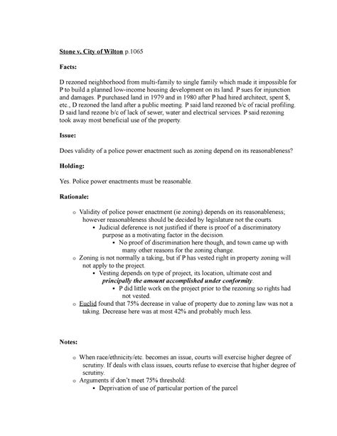 Property Law Outline 1 Stone V City Of Wilton P Facts D Rezoned